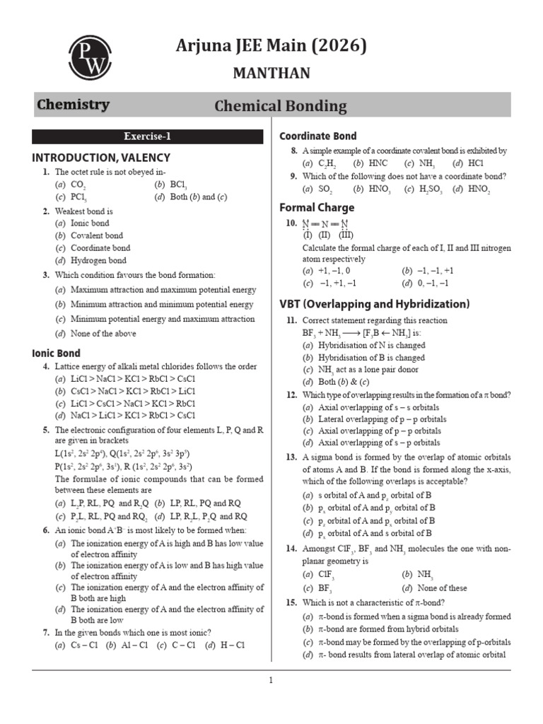 Chemical Bonding Practice Sheet (1) | PDF | Chemical Bond | Chemical ...