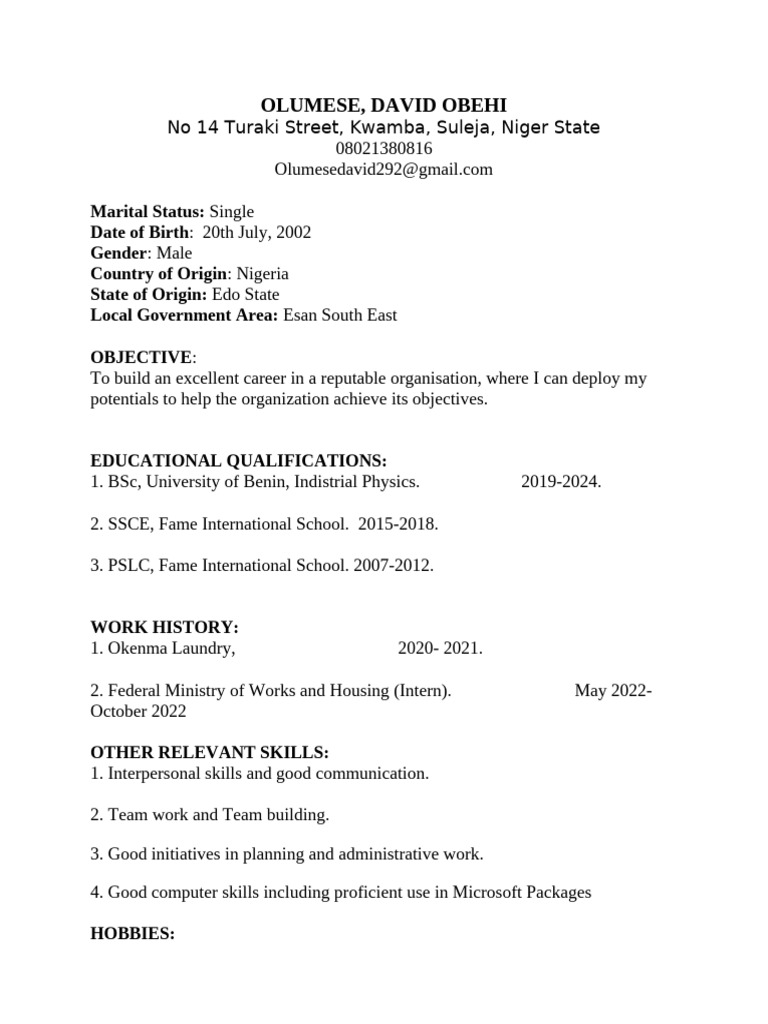 David Olumes' CV and Career Objective | PDF