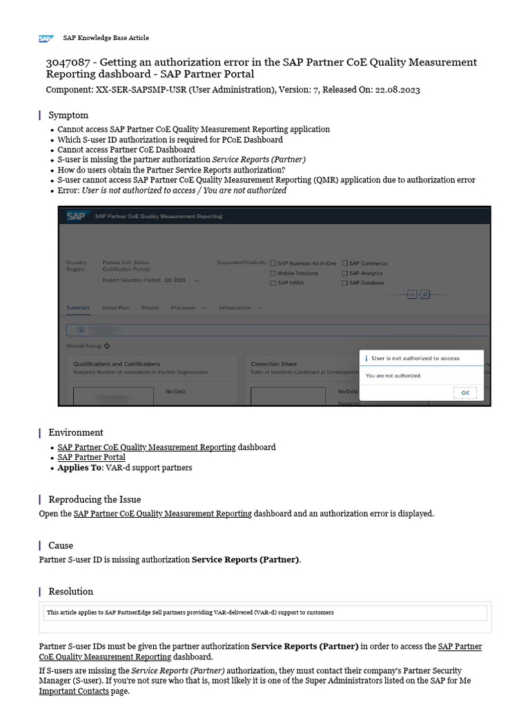 Getting An Authorization Error in The SAP Partner CoE Quality | PDF | Computing | Information ...