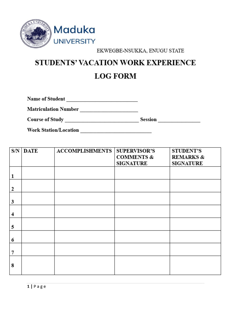 Student Vacation Work Log Form | PDF