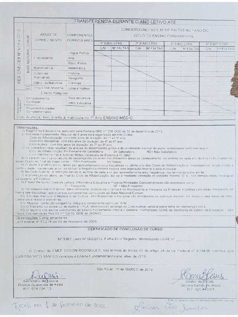 Histórico Escolar 1° Ano | PDF