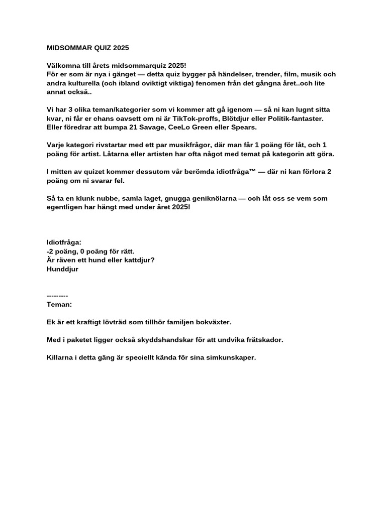 Midsommar Quiz 2024 | PDF