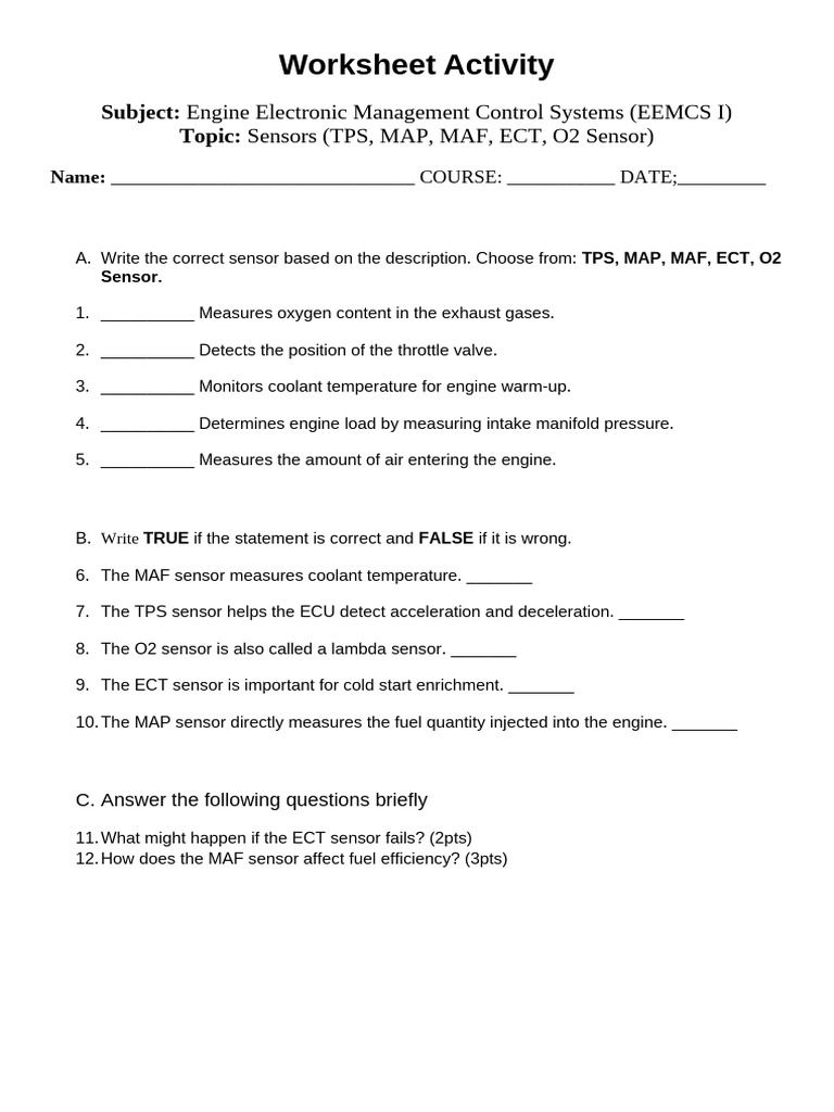 Worksheet Activity Sensors For 4B | PDF