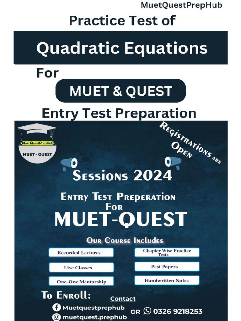 Quadratic Equations Practice Test by MuetQuestPrepHub | PDF