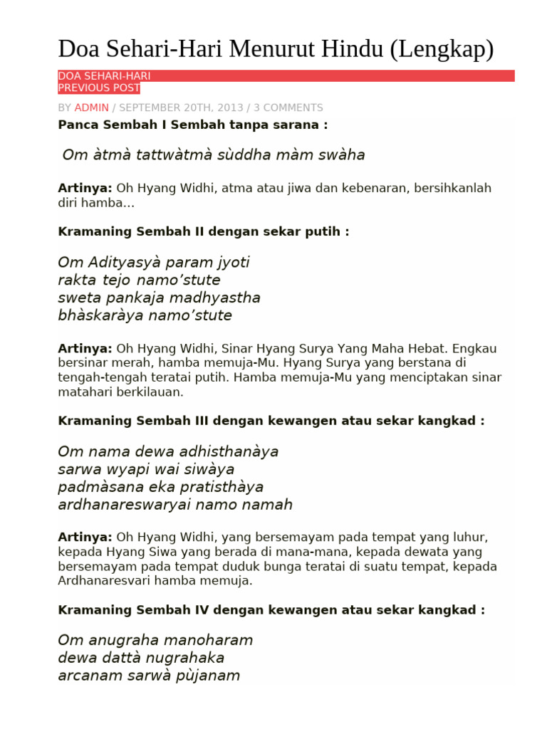 Doa Harian Lengkap dalam Agama Hindu | PDF