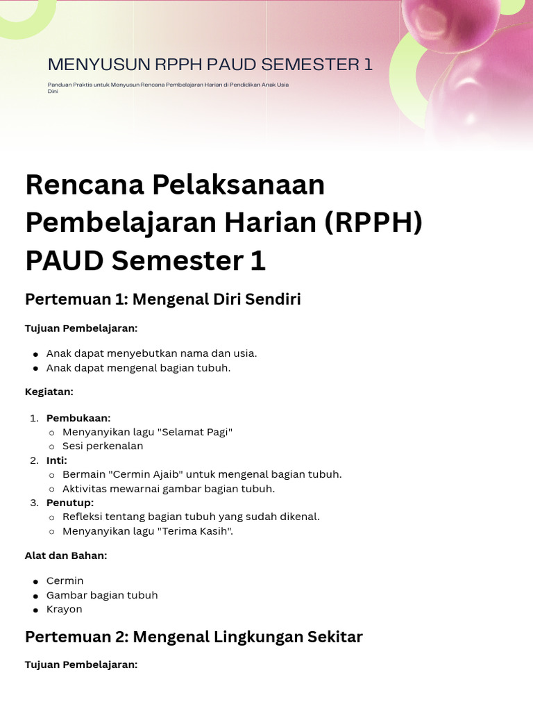 RPPH PAUD Semester 1: Panduan Lengkap | PDF