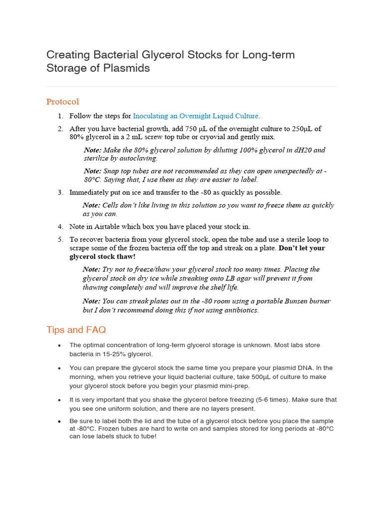 Bacterial Glycerol Stock Preparation Guide | PDF