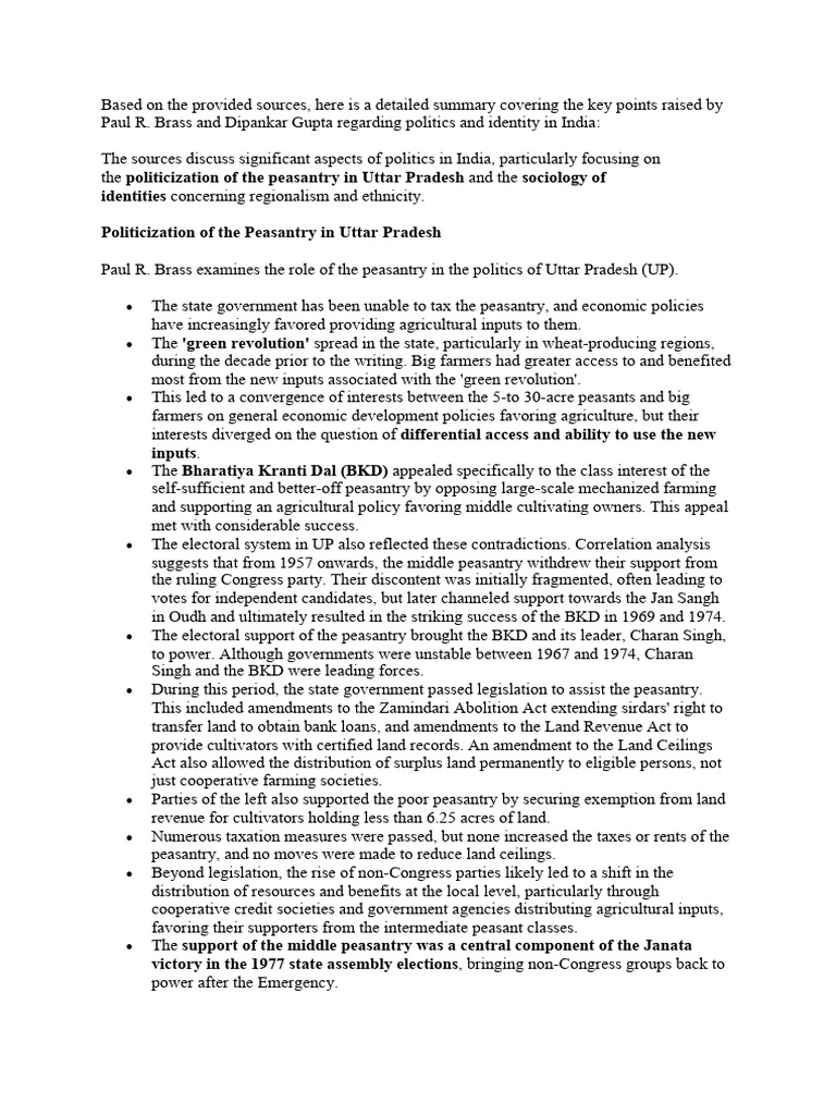 Politics of Uttar Pradesh Peasantry | PDF | Peasant | Indian National ...
