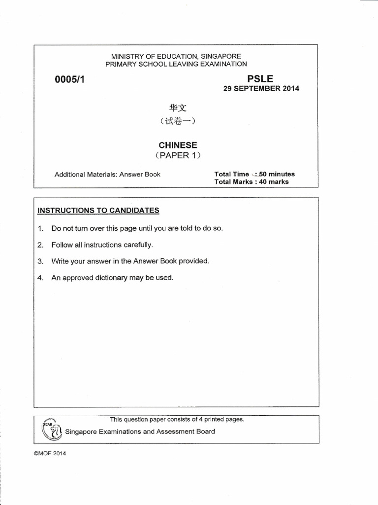 PSLE Chinese Paper 1 Exam 2014 | PDF