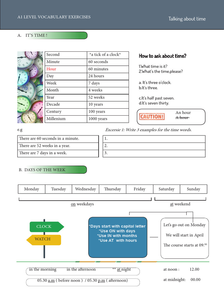 A1 Vocabulary: Time and Days Exercises | PDF
