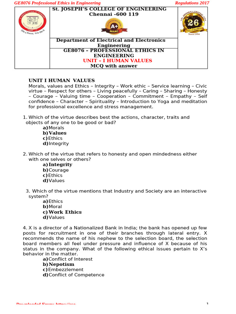 GE8076 Professional Ethics in Engineering MCQ 1 | PDF | Virtue | Morality