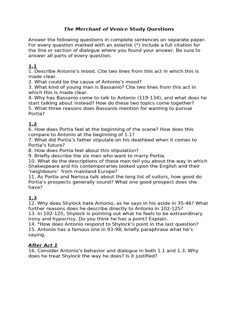 Merchant of Venice Study Questions Guide | PDF | The Merchant Of Venice
