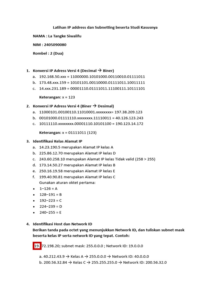 Workbook IP Address Dan Subnetting by La Tangke Siwalifu | PDF