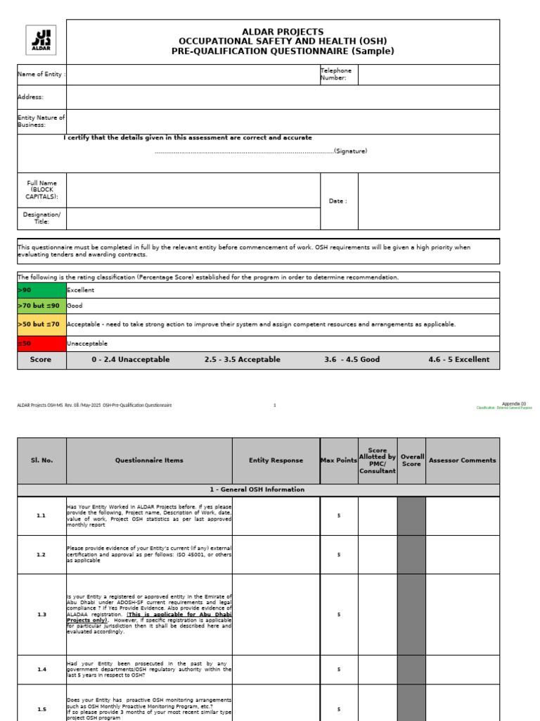 Appendix 3. ALDAR Projects OSH Pre-Qualification Questionnaire | PDF | Occupational Safety And ...