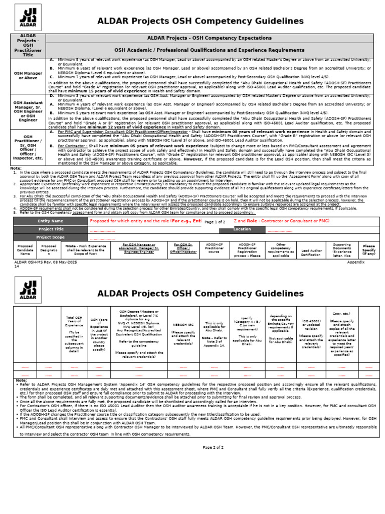 Appendix 14 ALDAR Projects OSH Competency Guidelines | PDF | Occupational Safety And Health ...
