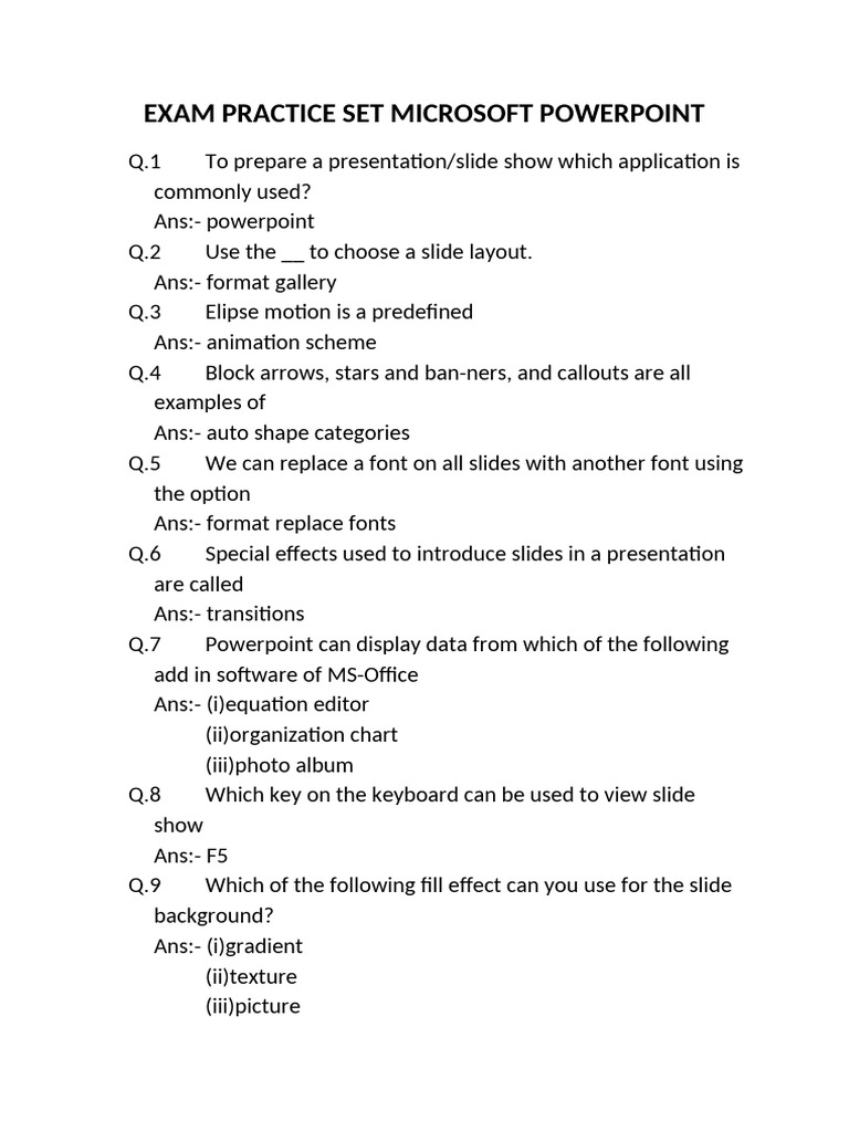 PowerPoint Exam Practice Questions | PDF | Microsoft Power Point ...