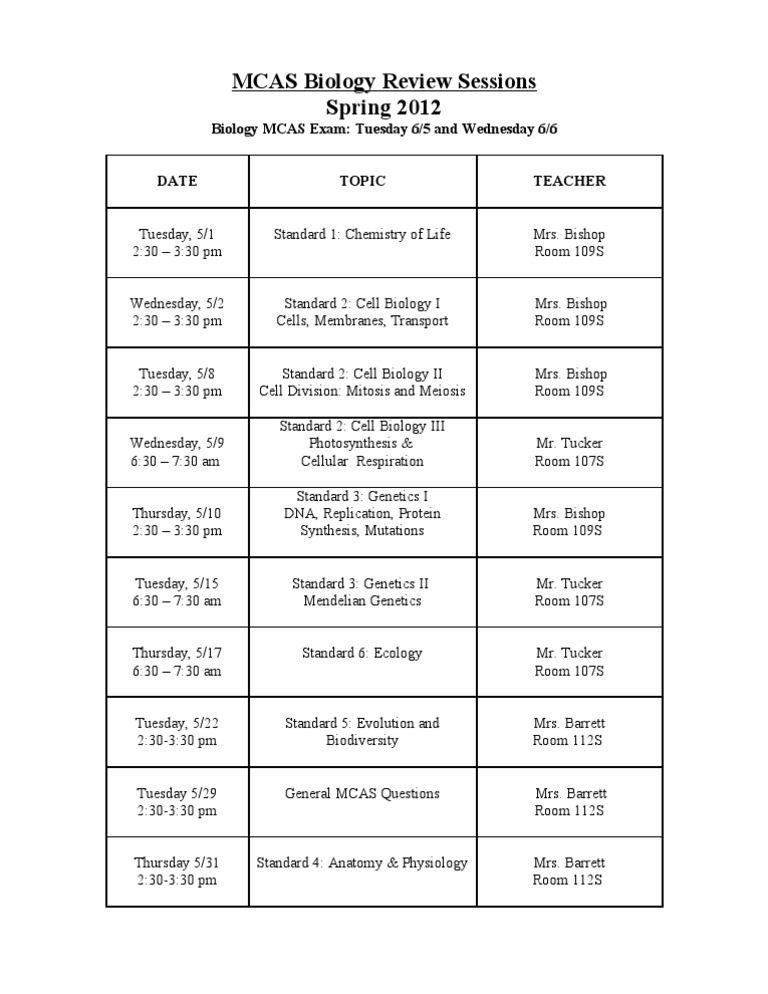 MCAS Biology Review Schedule 2012 | PDF
