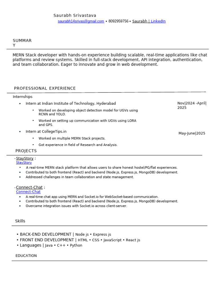 MERN Stack Developer Resume Summary | PDF