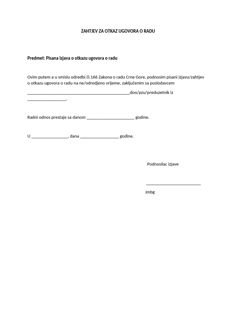 Zahtjev Za Otkaz Ugovora o Radu | PDF