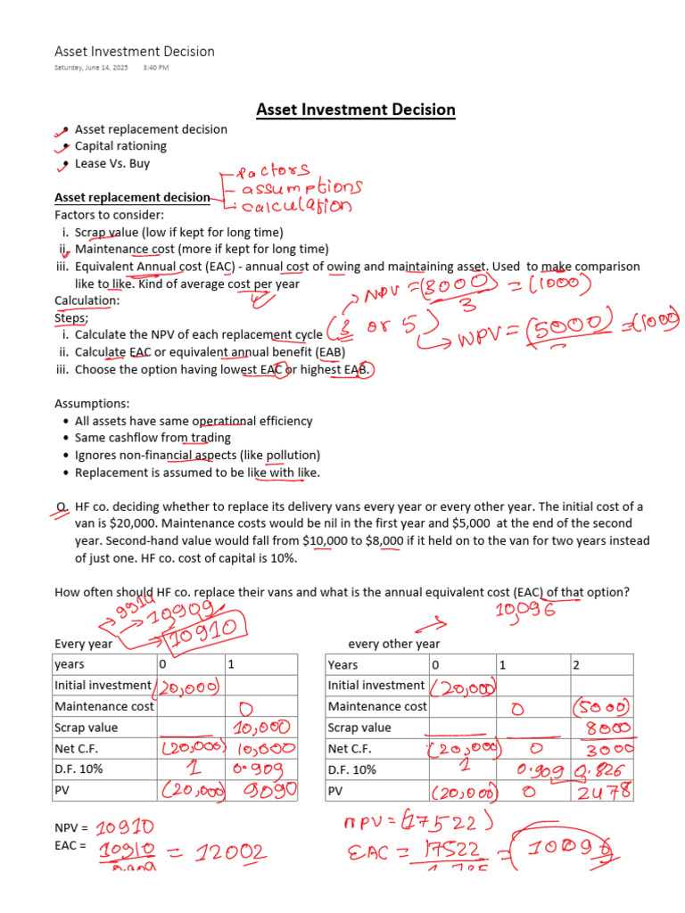 Asset Investment Decision (Rough) | PDF | Net Present Value | Lease