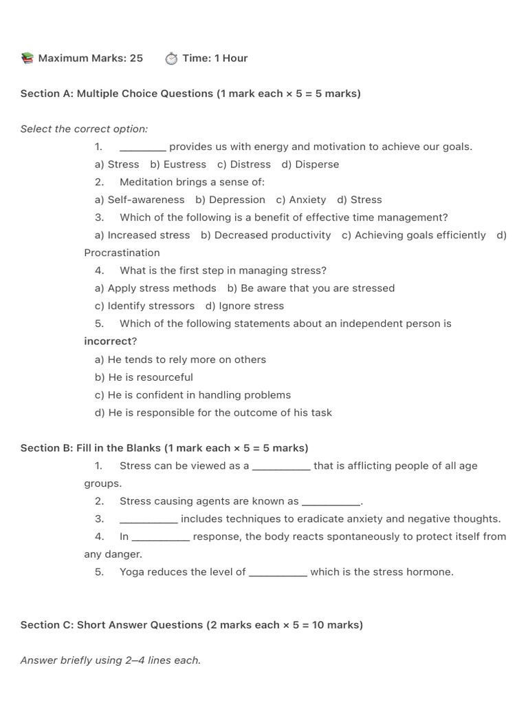 ? Maximum Marks - 25 Time - 1 Hour | PDF