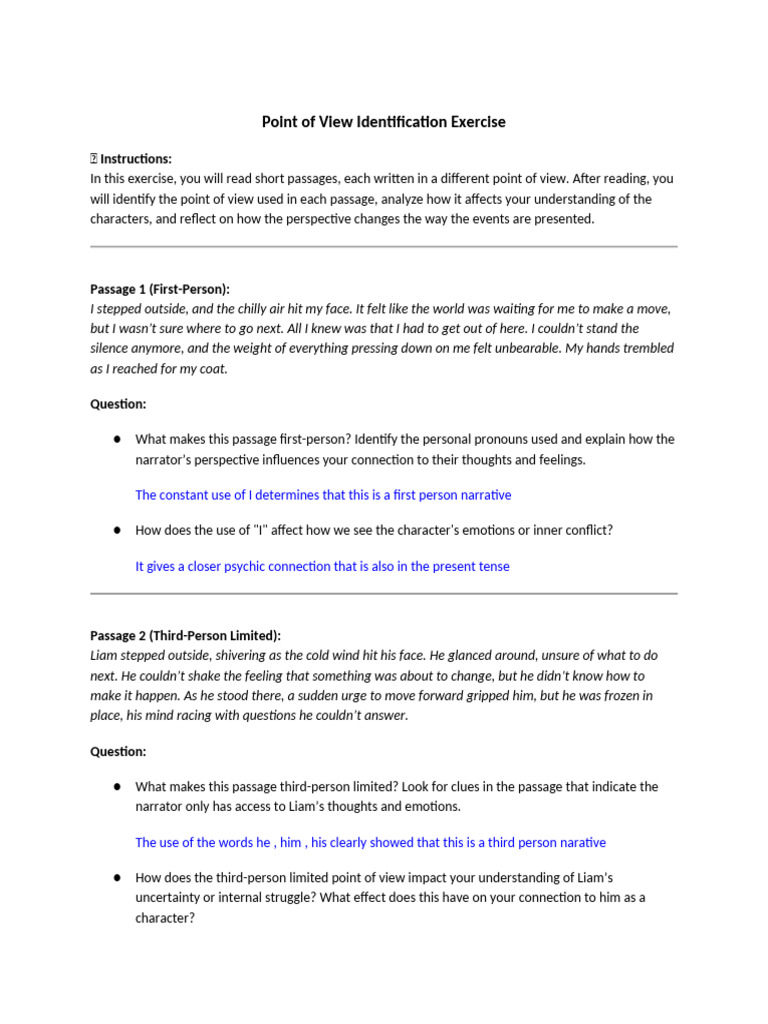 Point of View Identification Exercise | PDF | Narration | Feeling