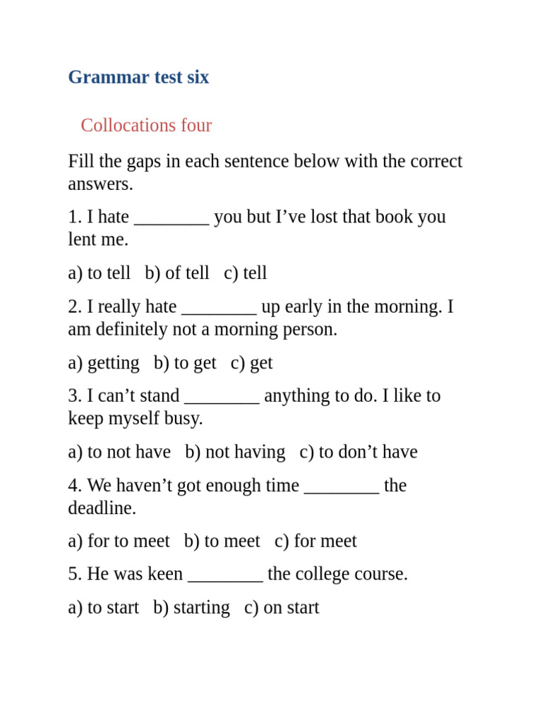 Grammar Collocations Test: Fill in the Gaps | PDF