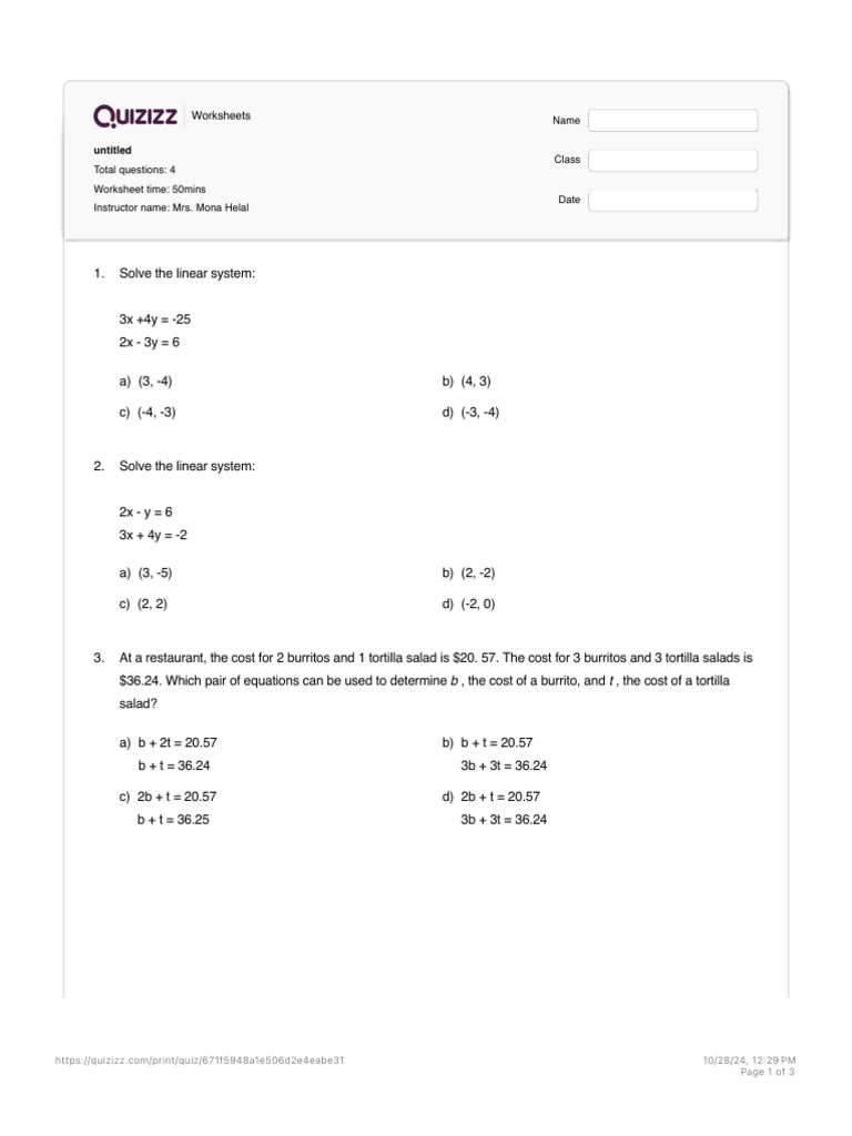 Solving Linear Systems Worksheet | PDF | System Of Linear Equations ...