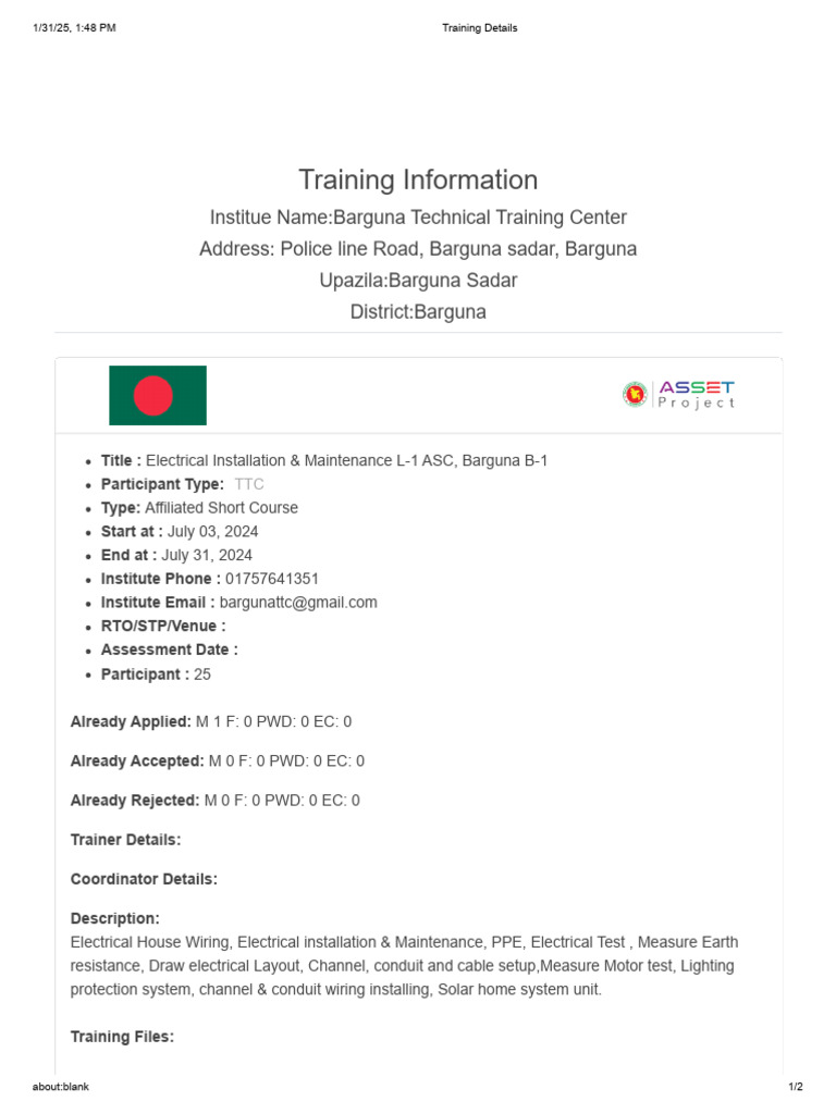 Electrical Installation Course in Barguna | PDF