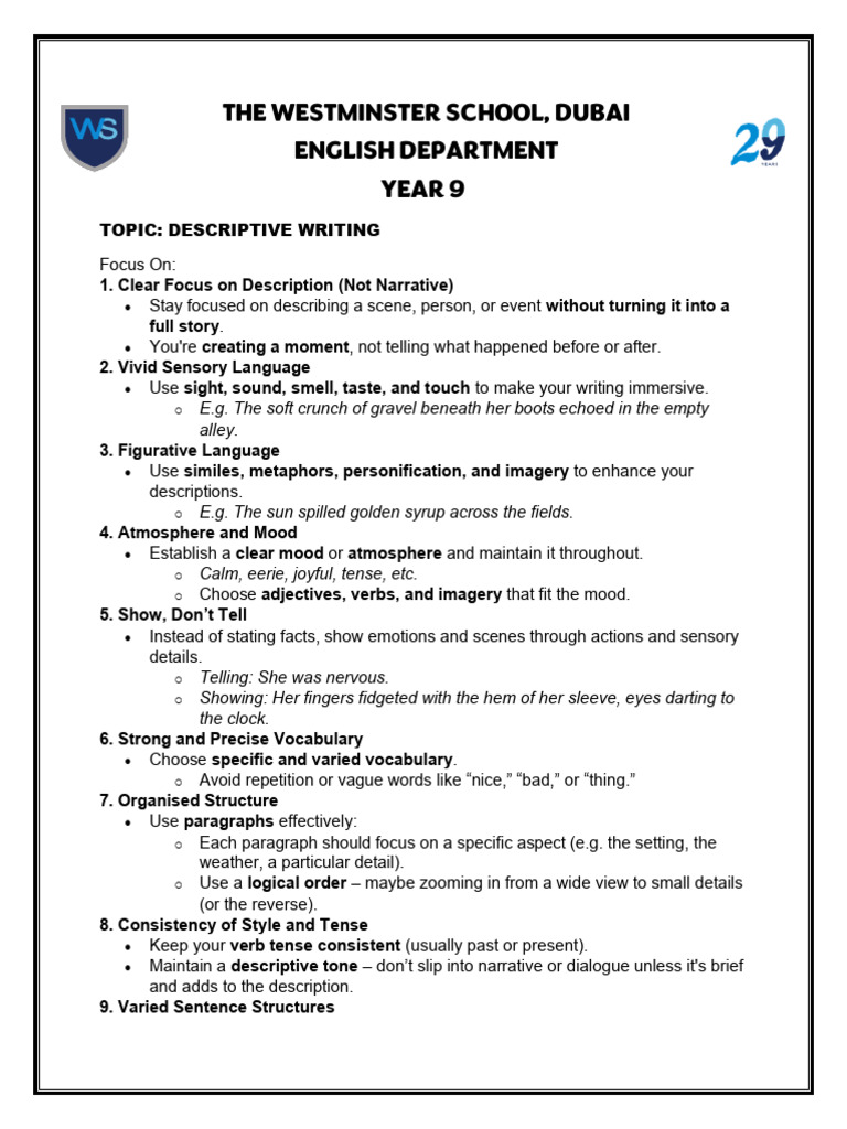 Year 9 Descriptive Writing Guide | PDF | Grammatical Tense | Linguistics