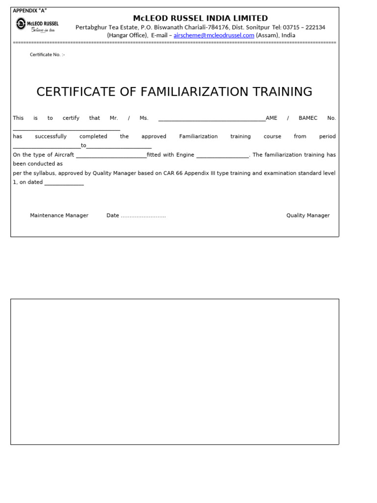 Familiarization Training Certificate Template | PDF