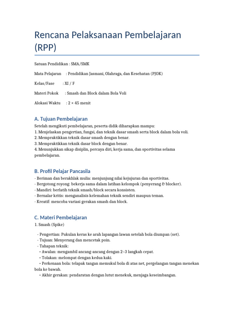 Teknik Smash dan Block Bola Voli PJOK | PDF