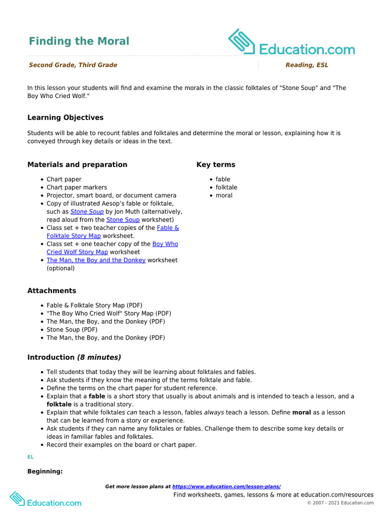 Finding Morals in Folktales Lesson Plan | PDF | Fable | Reading ...