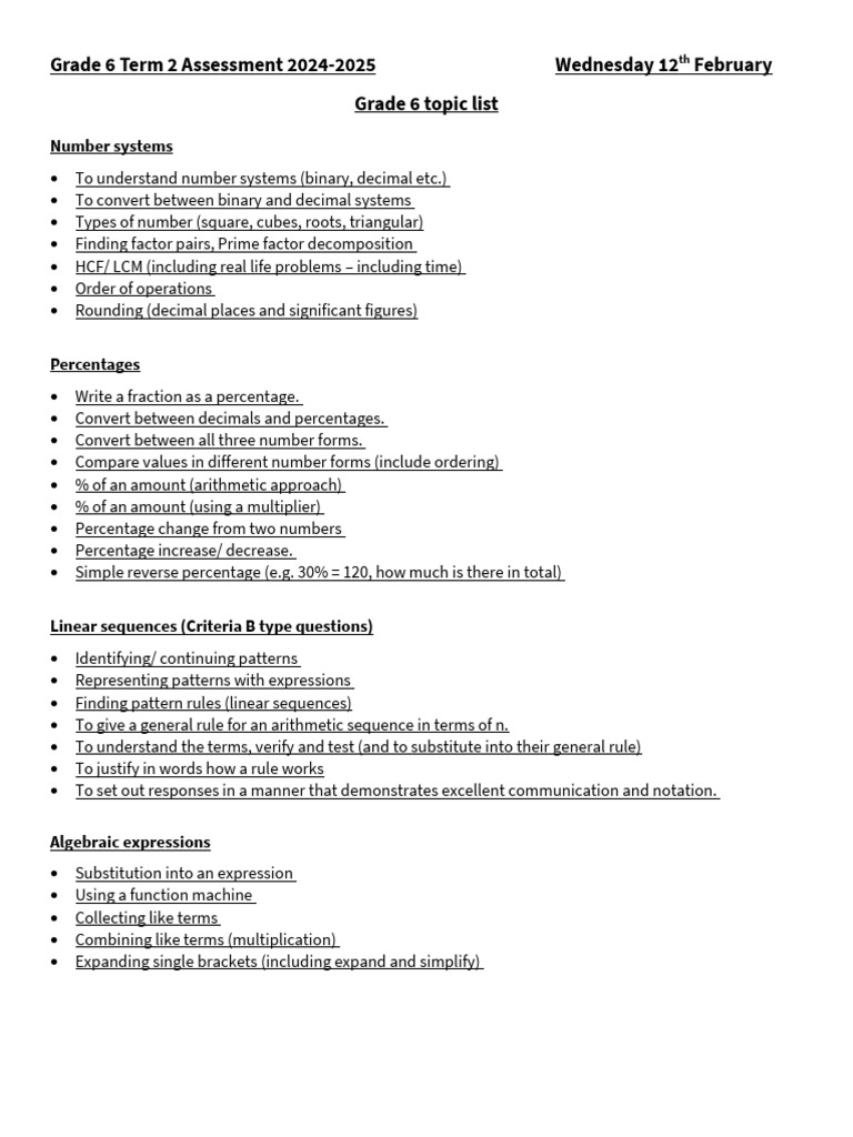 Grade 6 Math Assessment Topics 2024-2025 | PDF | Multiplication | Numbers