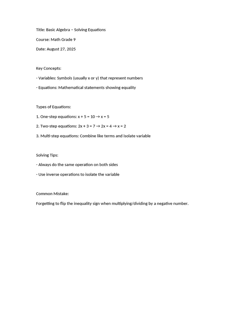 Basic Algebra: Solving Equations Guide | PDF