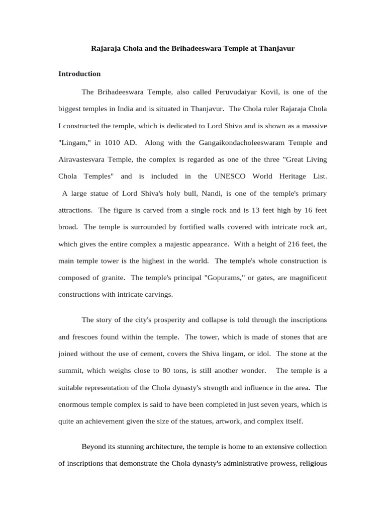 Rajaraja Chola and The Brihadeeswara Temple at Thanjavur | PDF