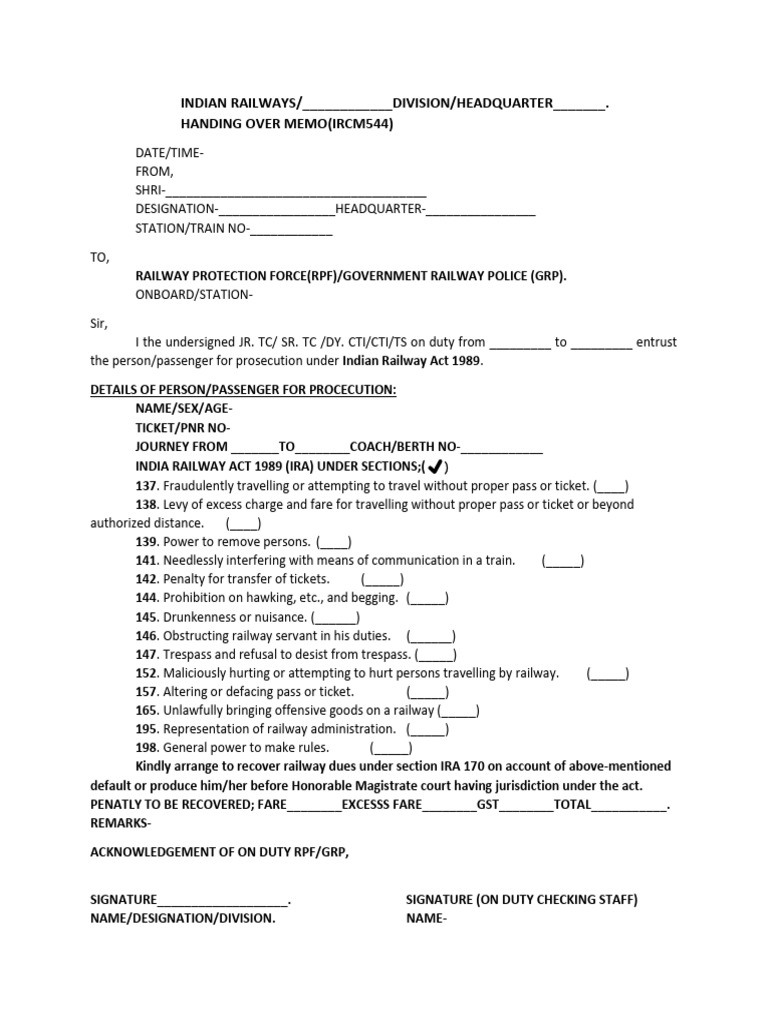 Railway Handing Over Memo Template | PDF