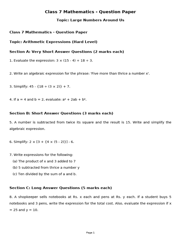 Class 7 Arithmetic Expressions Hard Question Paper | PDF