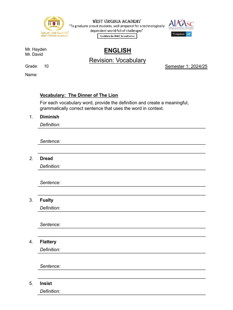 Vocabulary Revision for Grade 10 English | PDF