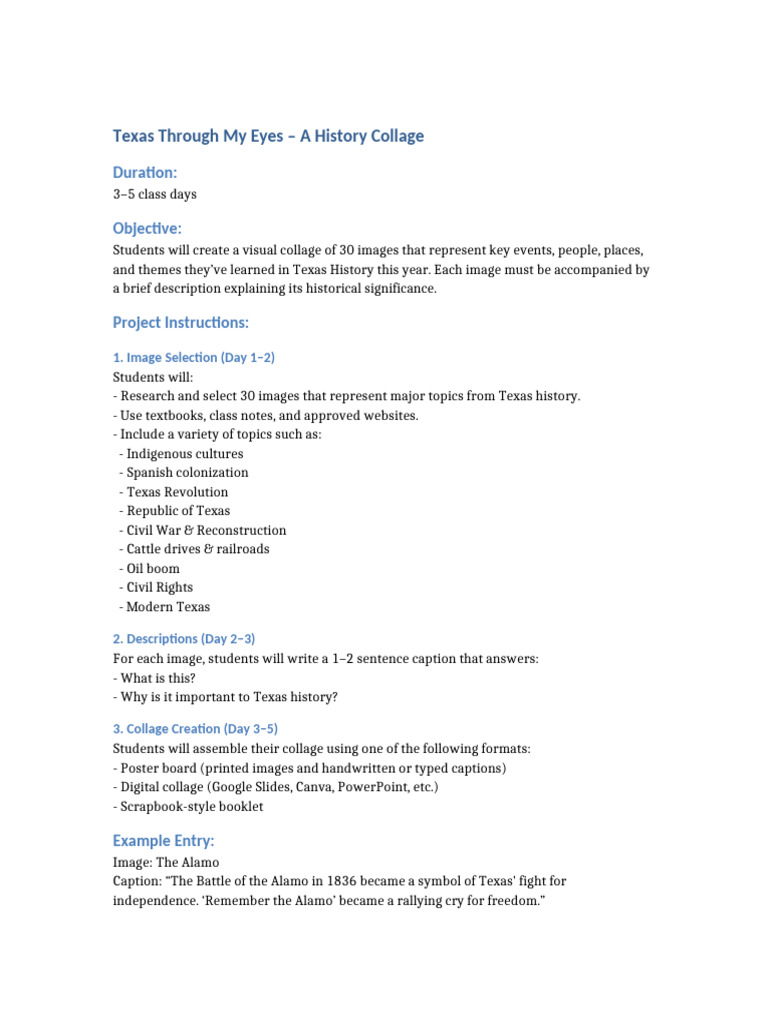 Texas History Collage Project Guide | PDF