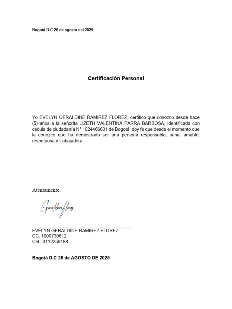 Certificado Personal Evelyn Geraldine | PDF
