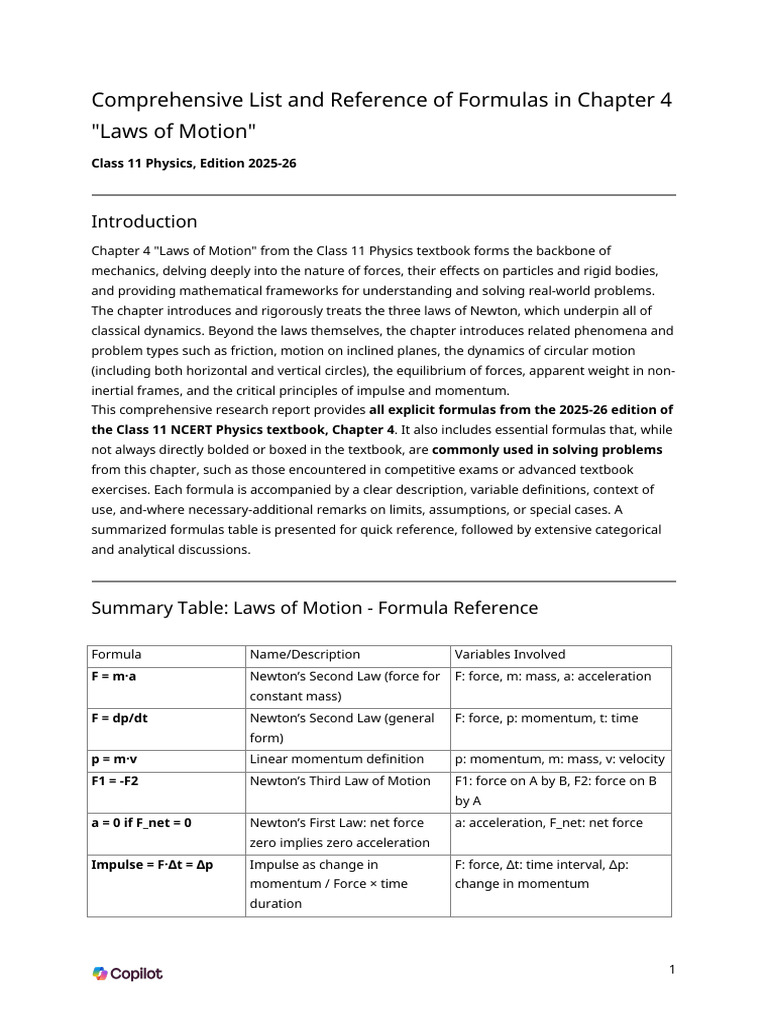 Research Formulas in Class 11 Physics Chapter 4 Laws of Motion | PDF | Force | Newton's Laws Of ...