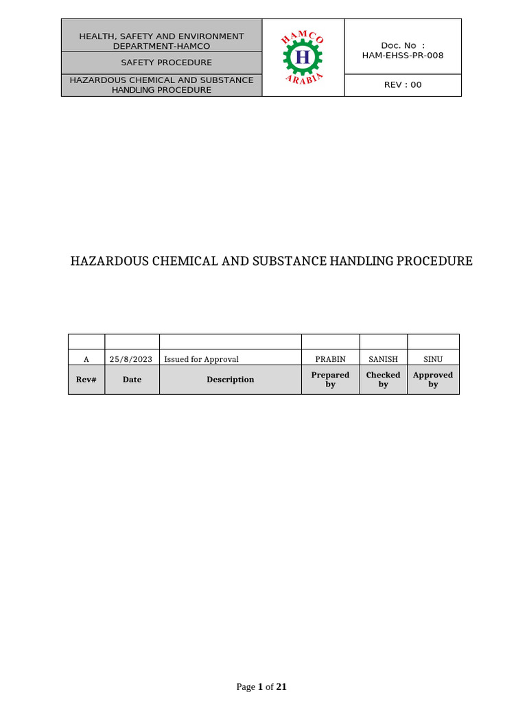 Hazardous Chemical Handling Procedure | PDF | Dangerous Goods ...