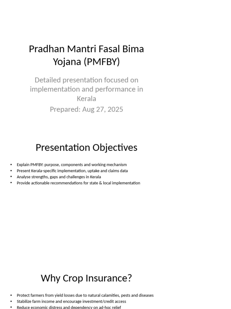PMFBY Kerala Presentation Aug27 2025 | PDF | Insurance | Crop Insurance