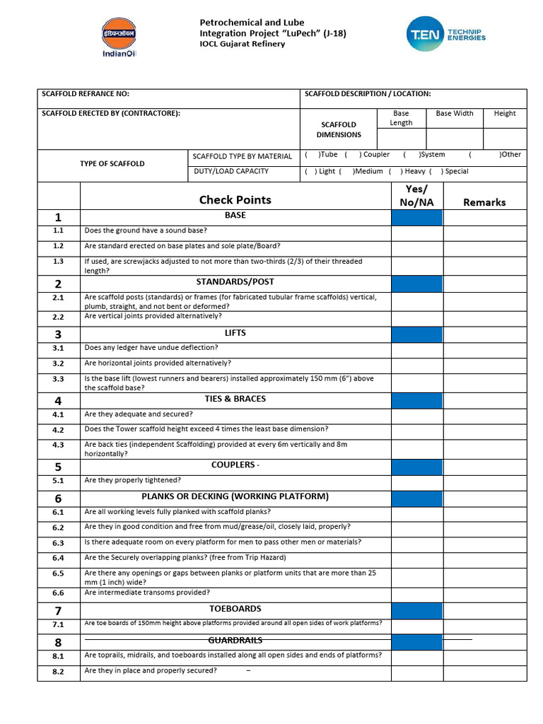 Scaffolding Checklist Rev.00 | PDF | Scaffolding | Equipment