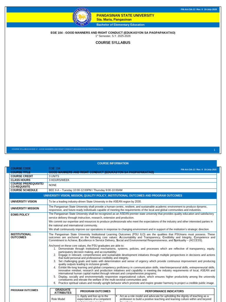 EGE 104 Syllabus BEE 1st SEm 25 26 | PDF | Learning | Cognition
