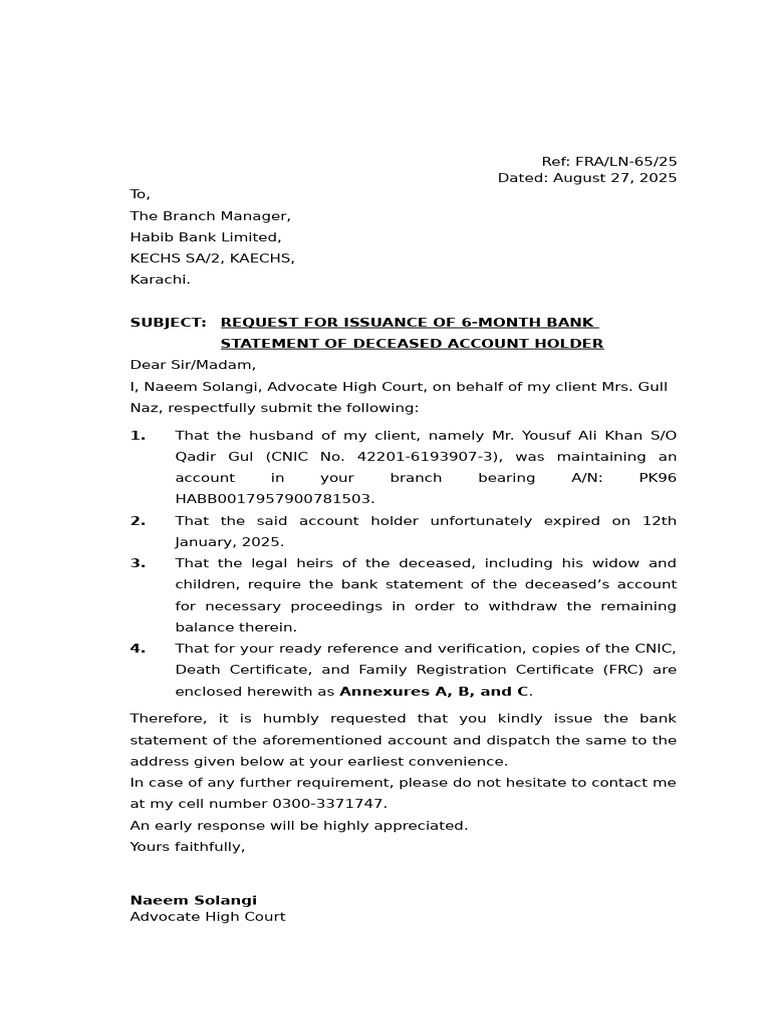 Notice To Bank Statement Gul Naz | PDF