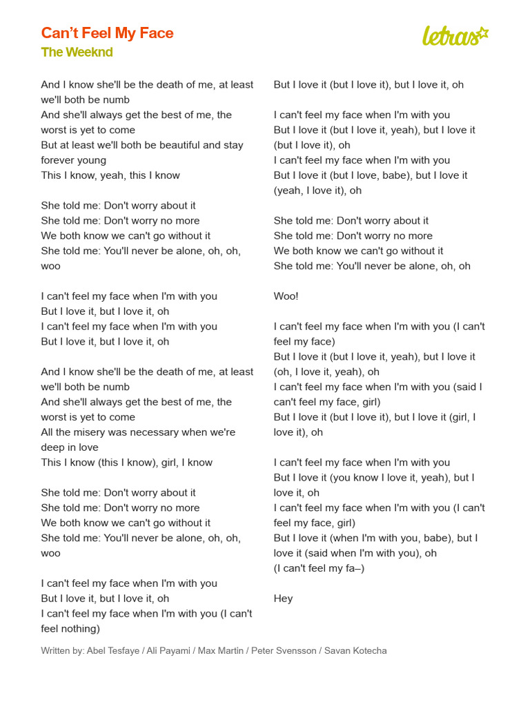"Can't Feel My Face Lyrics Overview" | PDF | Pop Songs | Singles