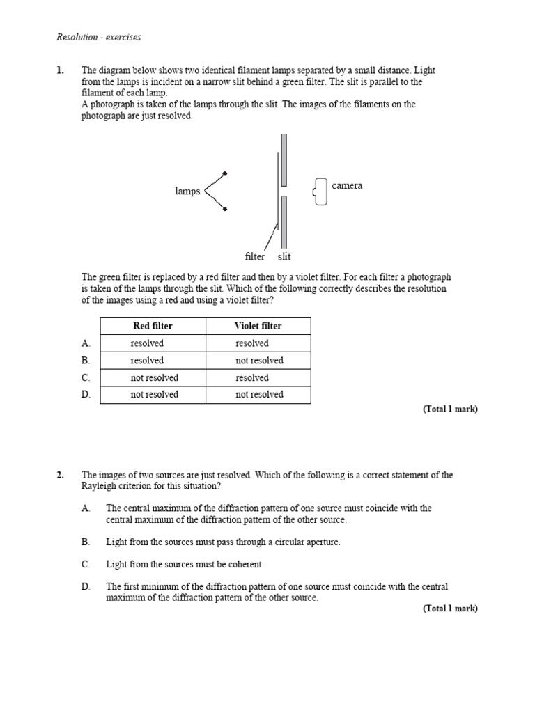 Resolution Exercises in Optics | PDF | Angular Resolution ...