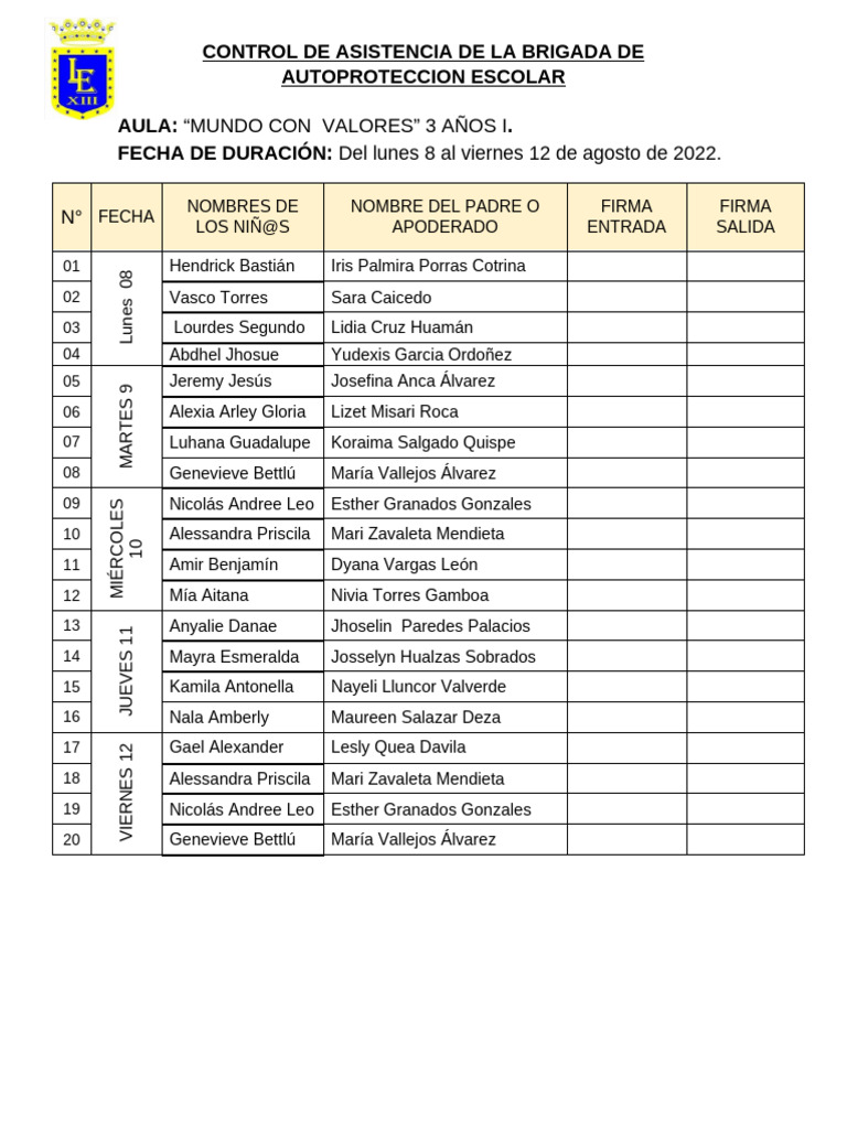 Control de Asistencia Brigada Escolar | PDF